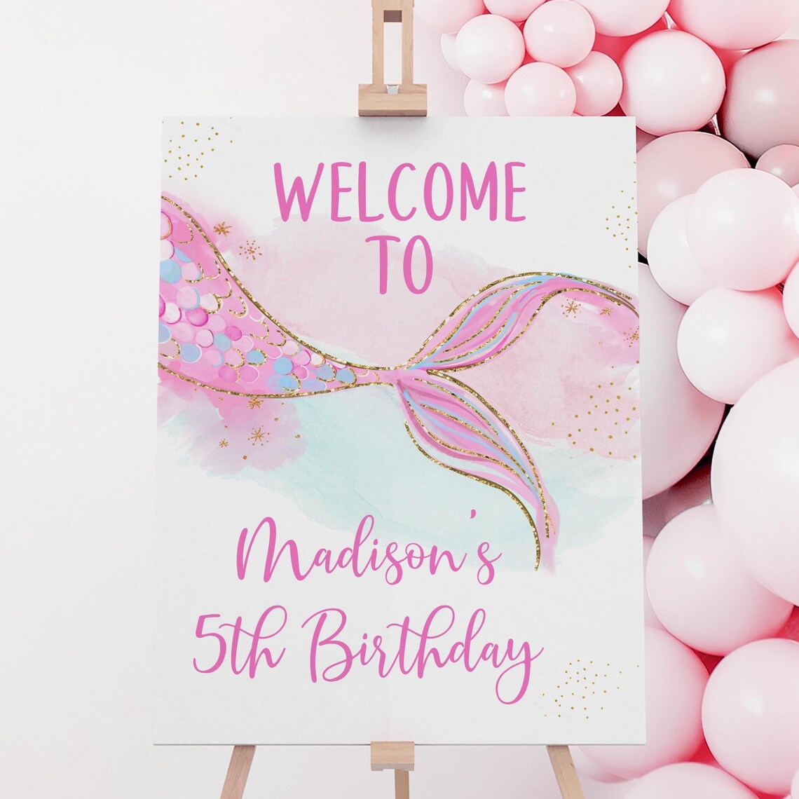 Editable Mermaid Birthday Welcome Sign Girls Mermaid Party Pink Gold ...