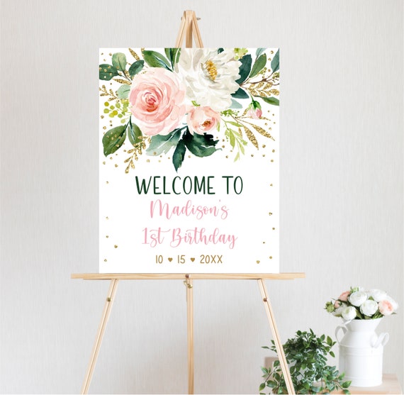 EDITABLE Pink Floral Birthday Welcome Sign Miss Onederful Girl First ...