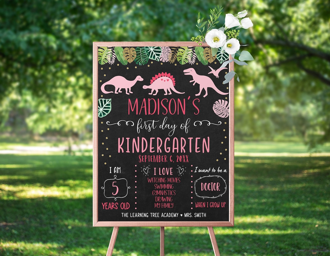 Editable Pink Dinosaur First Day of Kindergarten Sign First Day of ...