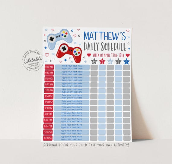 Editable Boys Daily Schedule Home School Schedule Video Game Chart ...