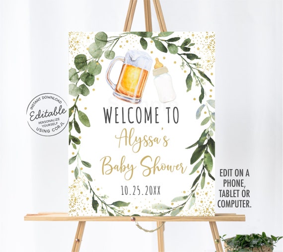 EDITABLE Baby Is Brewing Welcome Sign Beer Baby Shower Greenery Gender ...