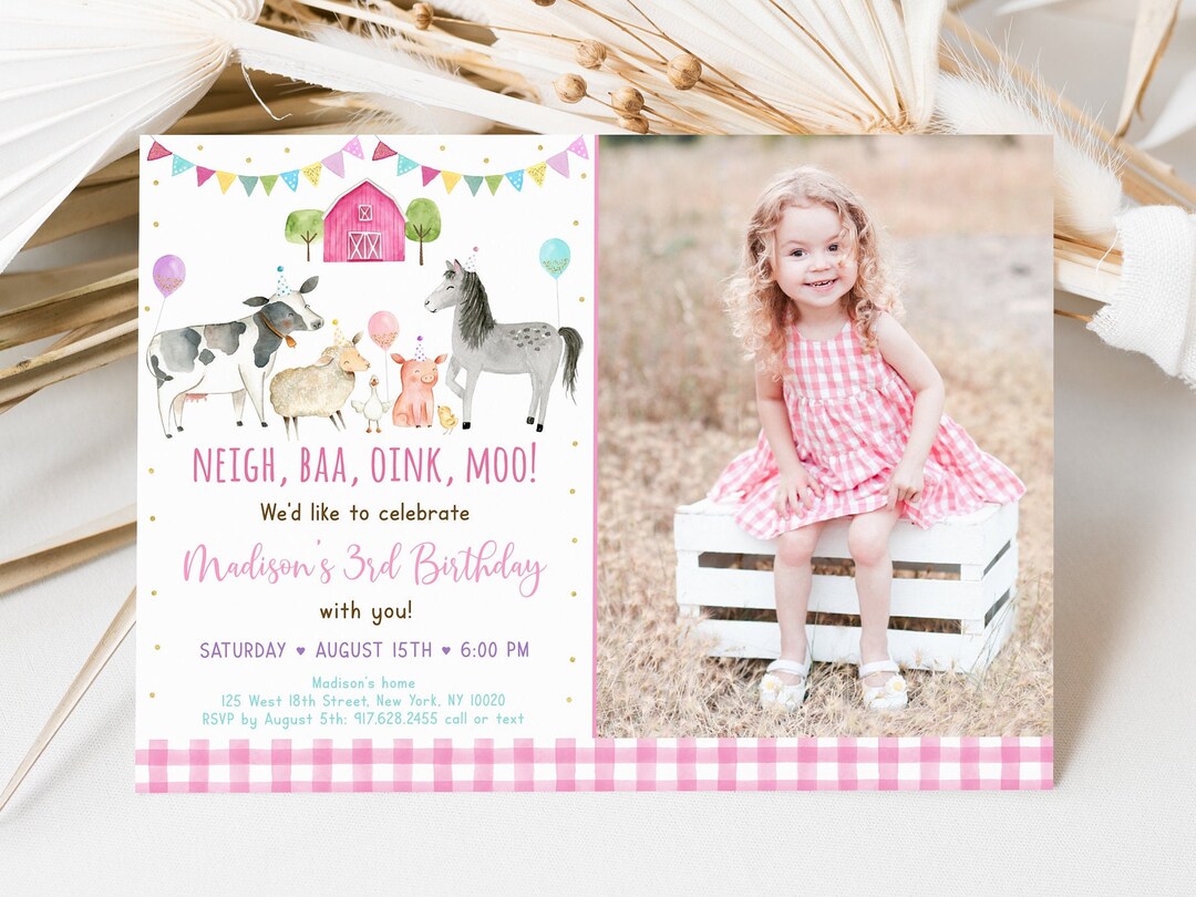 Editable Pink Farm Birthday Invitation Farm Animals Barnyard Girl Farm ...