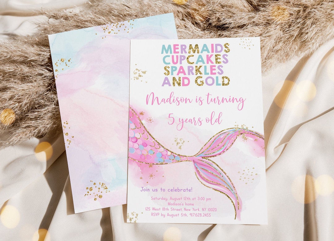 Editable Mermaid Birthday Invitation Pink Gold Mermaid - Etsy