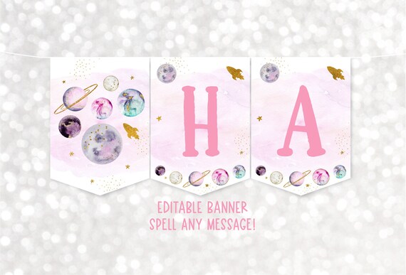 Editable Space Birthday Banner Galaxy Birthday Banner Pink Gold Galaxy ...