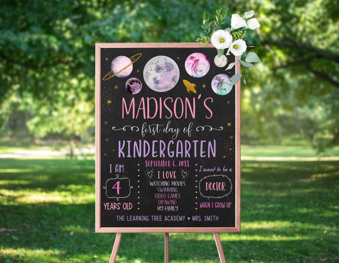 Editable First Day of Kindergarten Sign Pink Galaxy Space First Day of ...