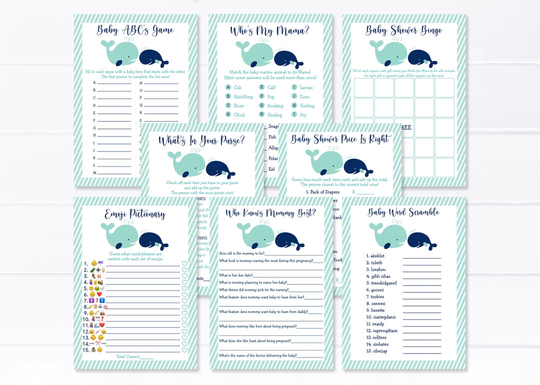 Cute Whale Baby Shower Games Package Nautical Baby Shower Boy Baby ...