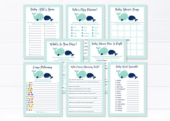 Cute Whale Baby Shower Games Package Nautical Baby Shower Boy Baby ...
