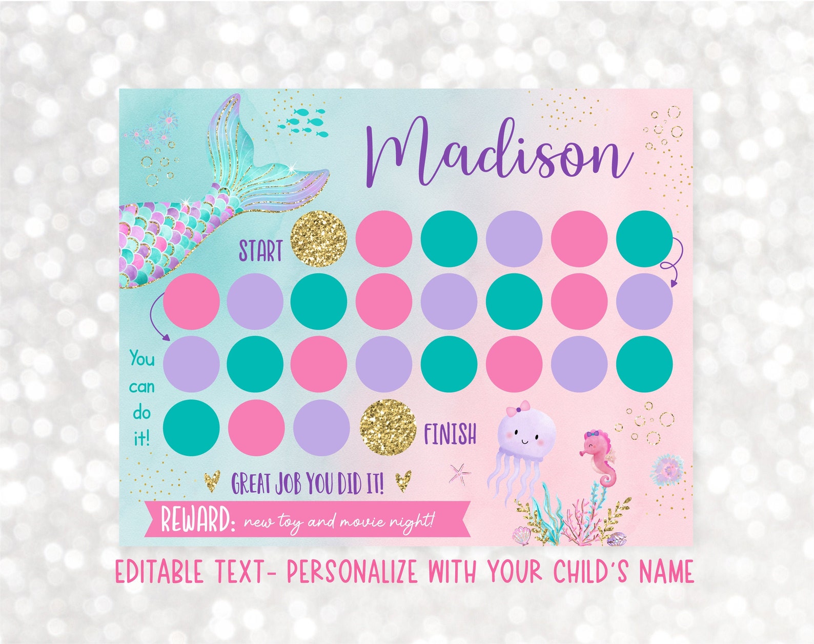 Editable Mermaid Reward Chart Mermaid Sticker Chart Pink | Etsy