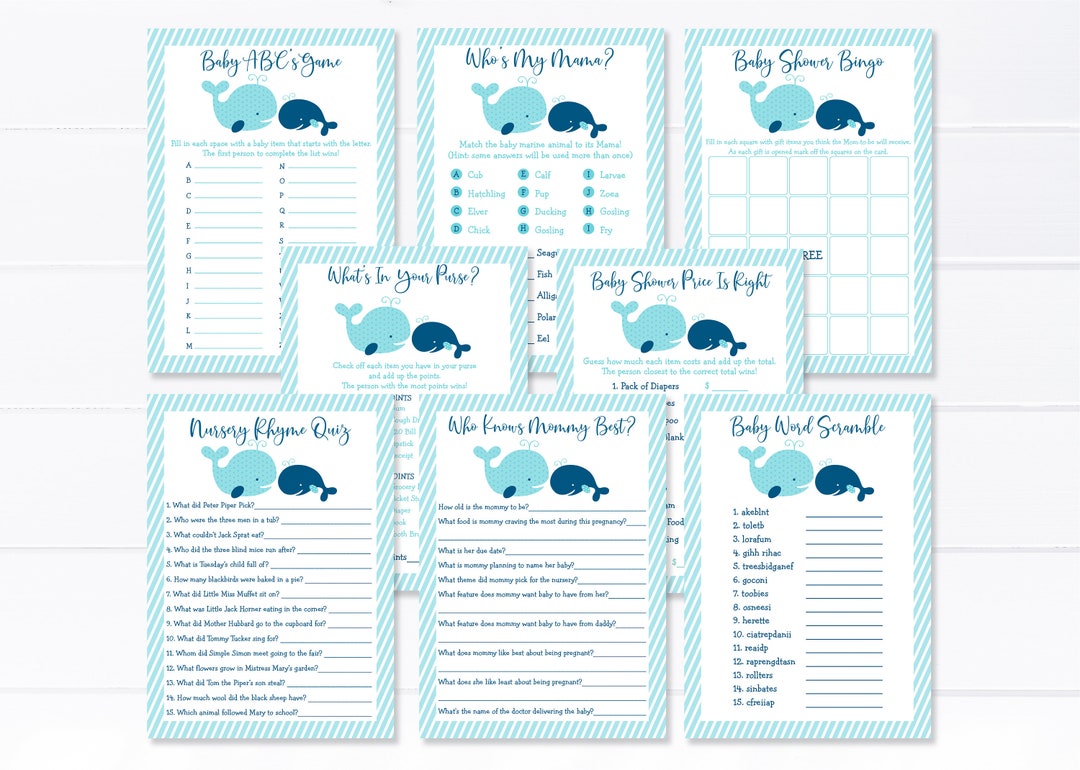 Whale Baby Shower Games Package Nautical Baby Shower Boy Baby Shower ...