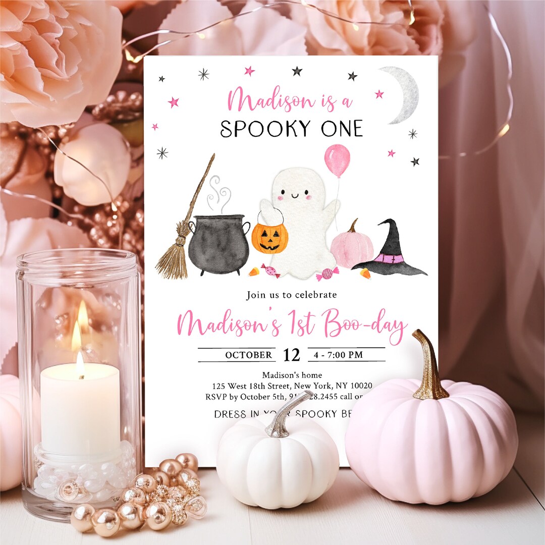 Editable Spooky One Ghost Birthday Invitation Pink Girl Ghost First ...
