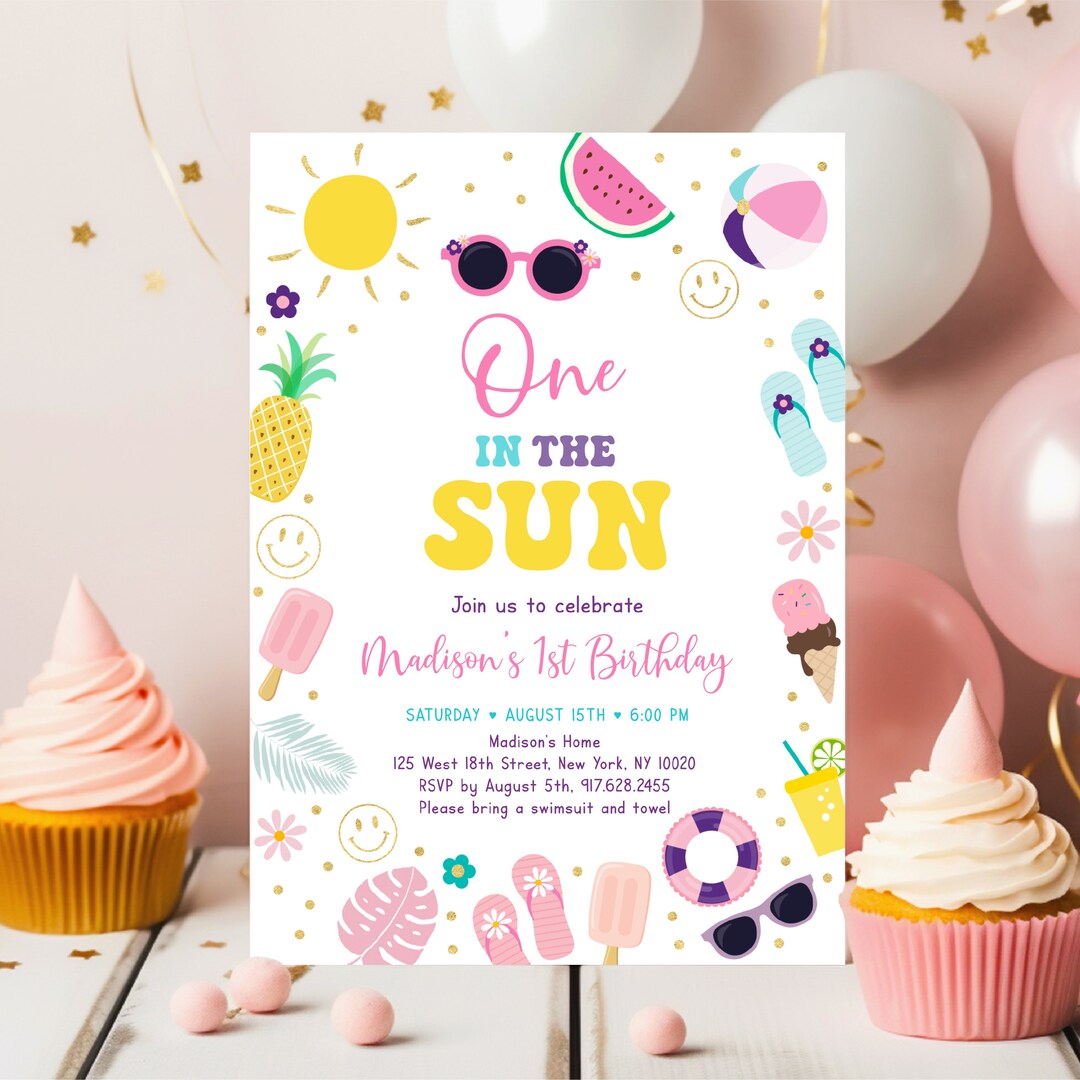 Editable Boho Pool Party 1st Birthday Invitation, One in the Sun, Pink ...