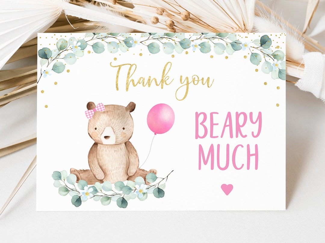 Editable Teddy Bear Picnic Birthday Thank You Card Pink Gold Girl Teddy ...