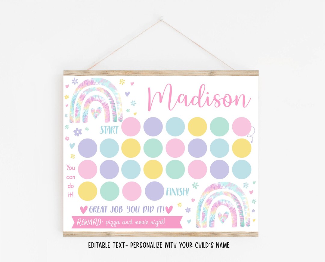 Editable Girls Reward Chart, Sticker Chart, Tie Dye Pastel Rainbow ...