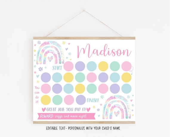 Editable Girls Reward Chart, Sticker Chart, Tie Dye Pastel Rainbow ...