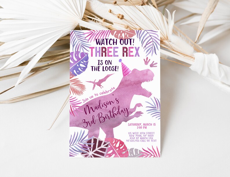 Editable Three Rex Dinosaur Birthday Invitation Girl Dinosaur 3rd ...