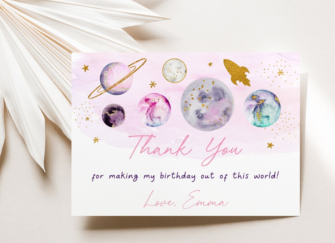 Editable Space Birthday Thank You Card Out of This World Pink - Etsy