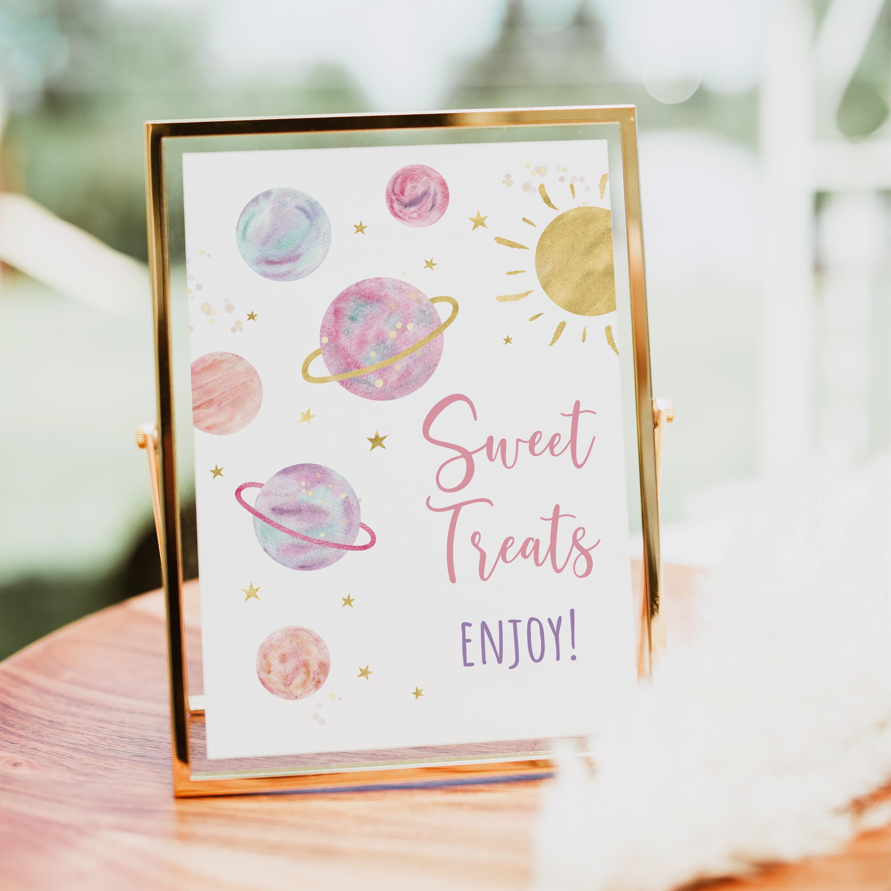 Space Birthday Sweet Treats Party Sign Pastel Pink Purple Gold Galaxy ...