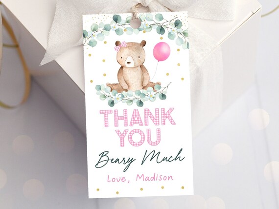Editable Teddy Bear Thank You Tag Favor Tag Pink Gold Girl Teddy Bear ...