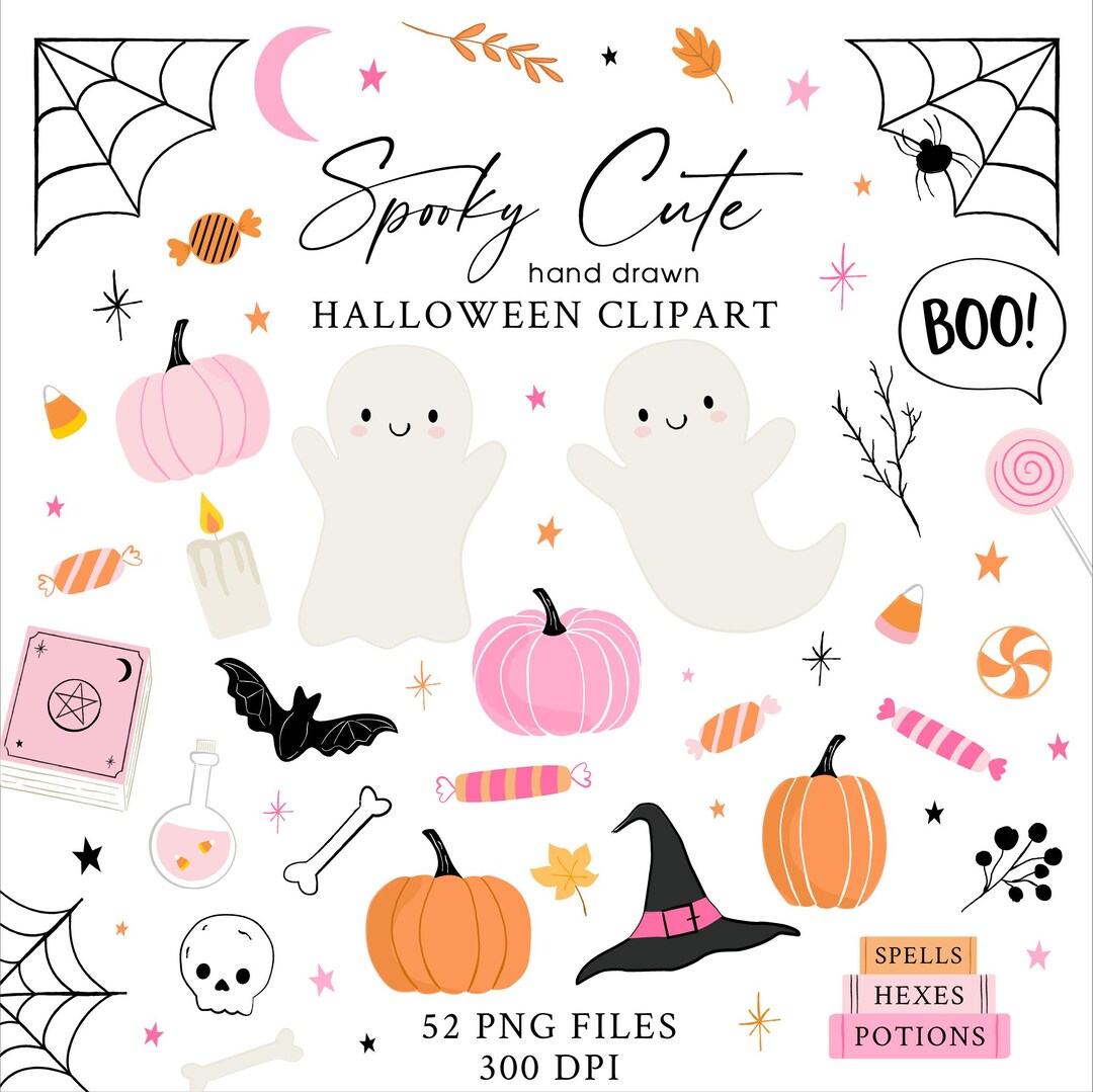 Cute Pink Halloween Clipart, Spooky Halloween Clipart, Ghost, Bat ...