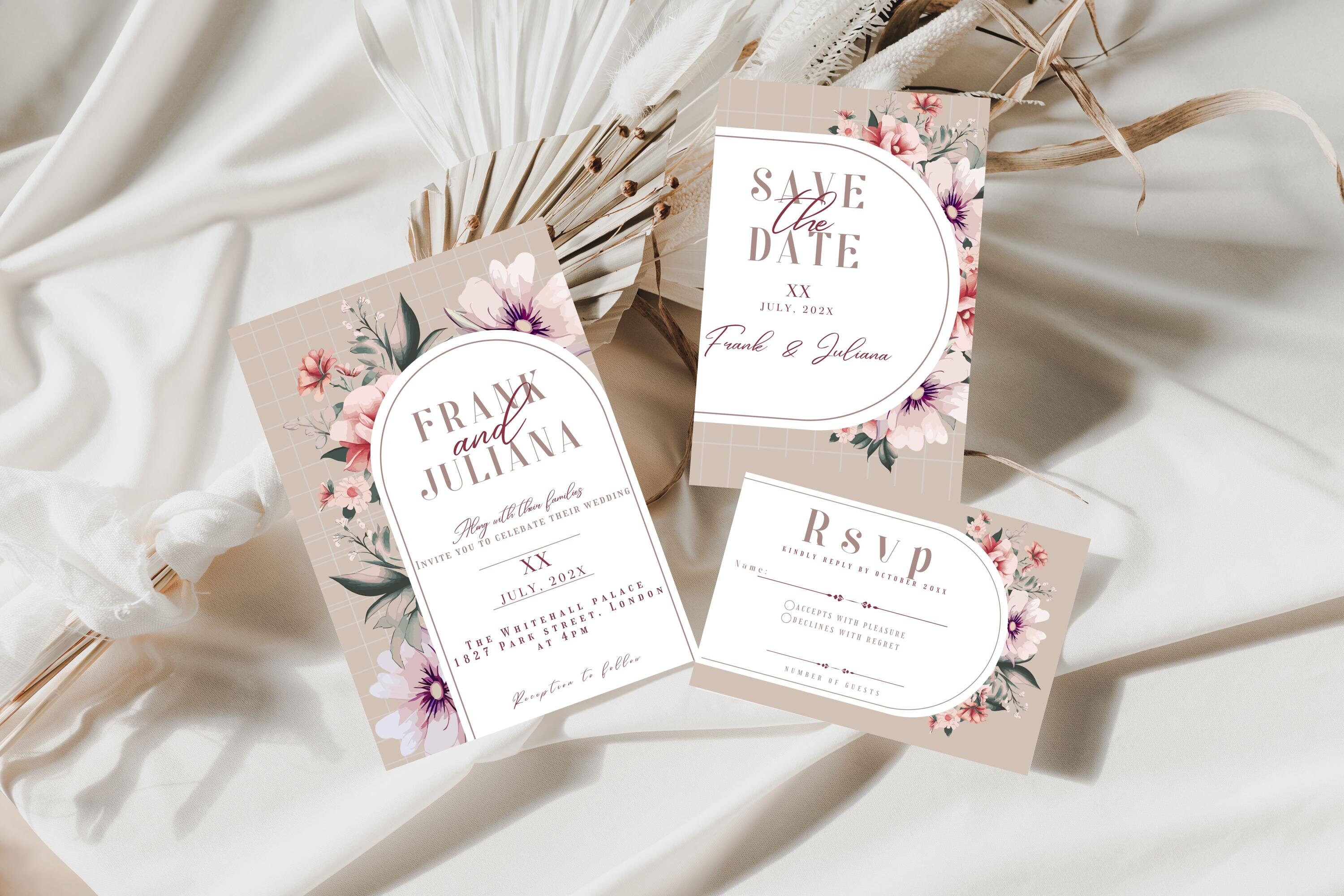 Beige Floral Invite, Save the Date & Rsvp. Editable Wedding Invite for ...