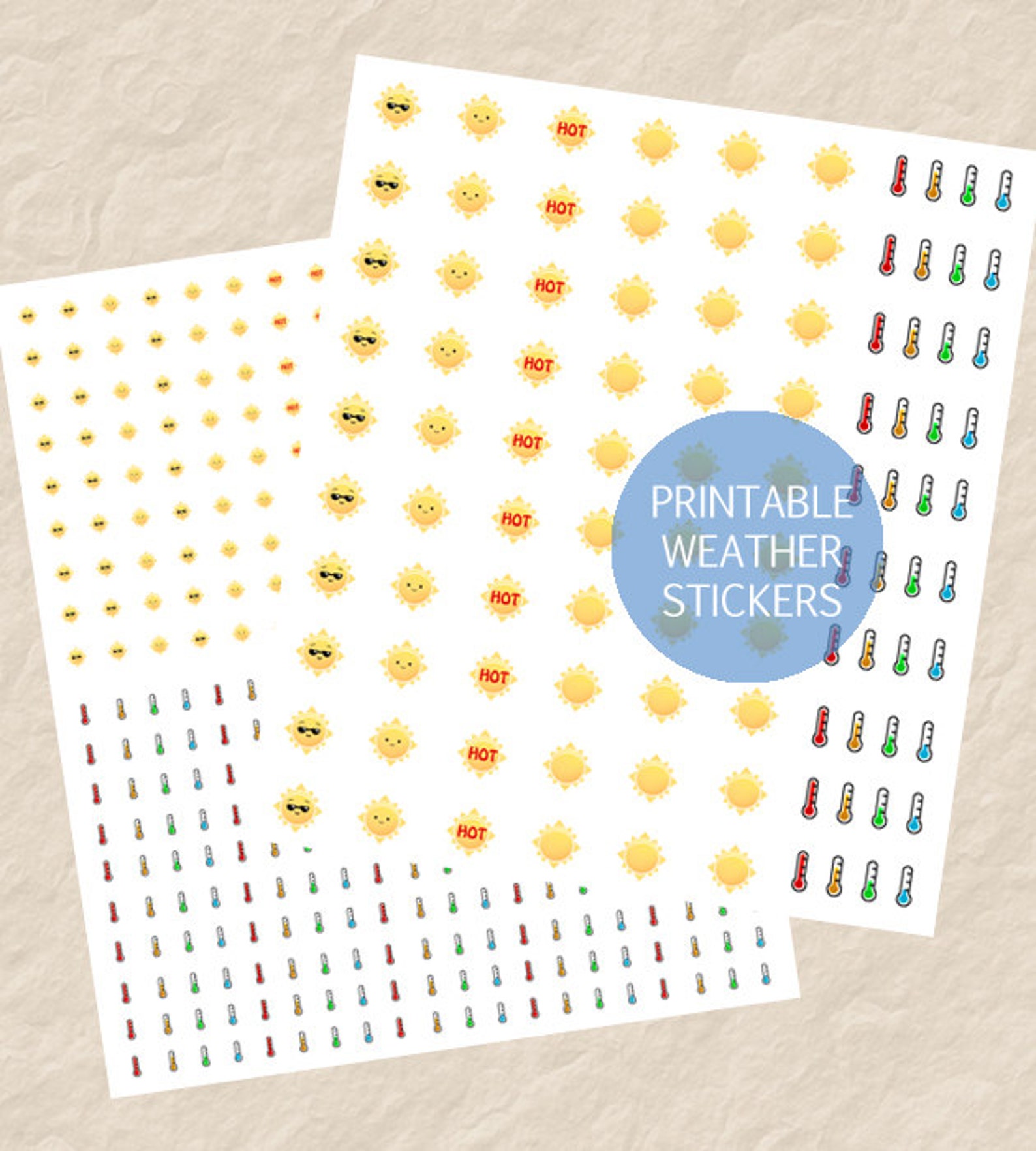 Sunny Weather Printable Planner Stickers, Sun & Thermometer (digital ...