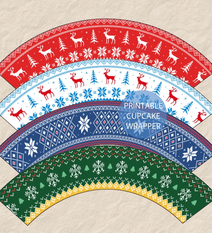 Printable Holiday Sweater Pattern Cupcake Wrappers, Christmas Sweater ...
