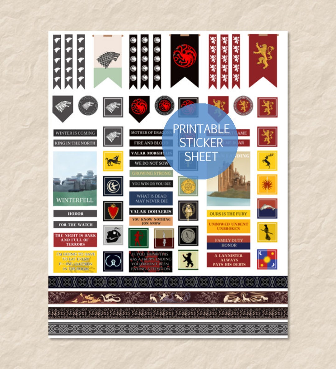 Game of Thrones Stickers, Game of Thrones Planner Stickers, Winterfell ...