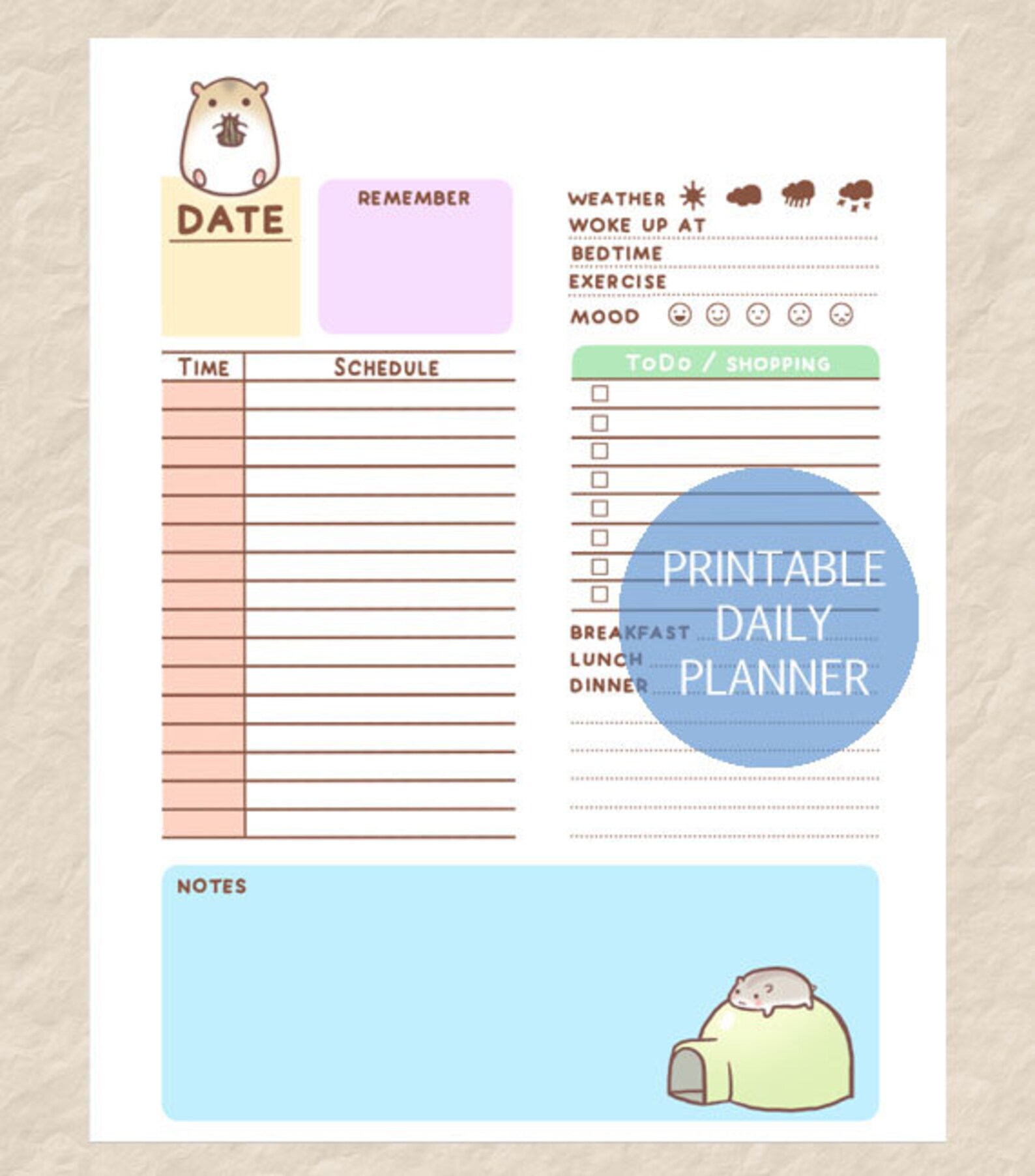 Printable Cute Hamster Daily Planner, Cute Hamster Theme Day Planner ...