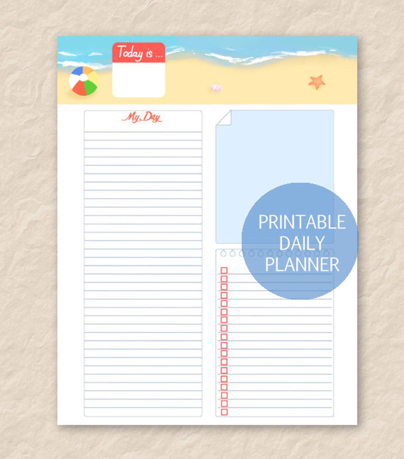 Printable Summer Beach Daily Planner, Cute Summer Beach Theme Day ...