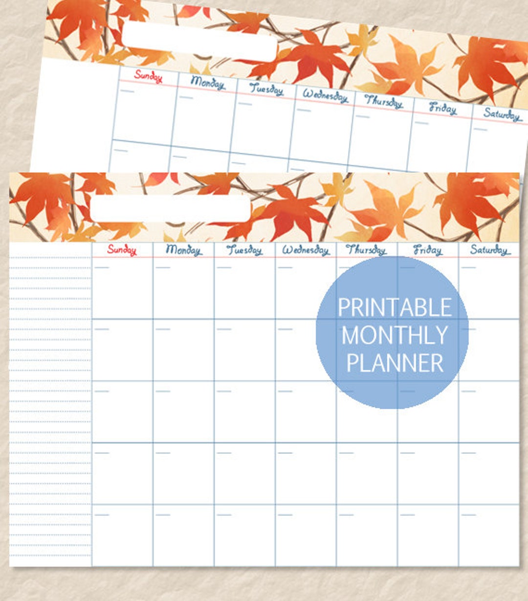 Printable Monthly Autumn Calendar, Autumn Fall Leaves Calendar ...