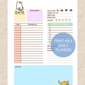 Printable Cute Cat Daily Planner, Cute Cat Theme Day Planner, Cute Cat ...