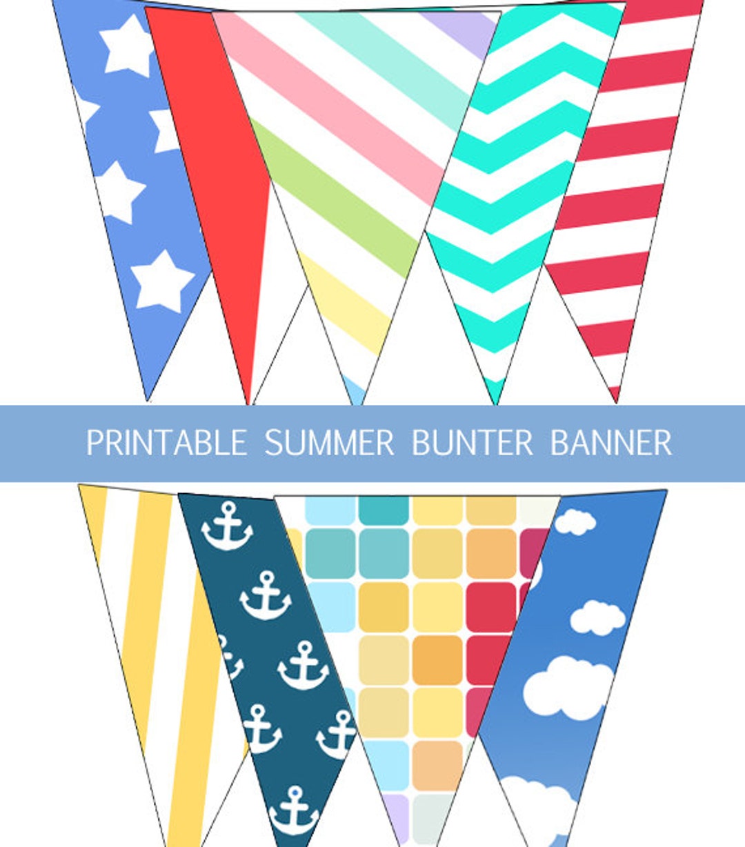 Printable Summer Bunting Banner, Stars Banner, Chevron Banner, Clouds ...