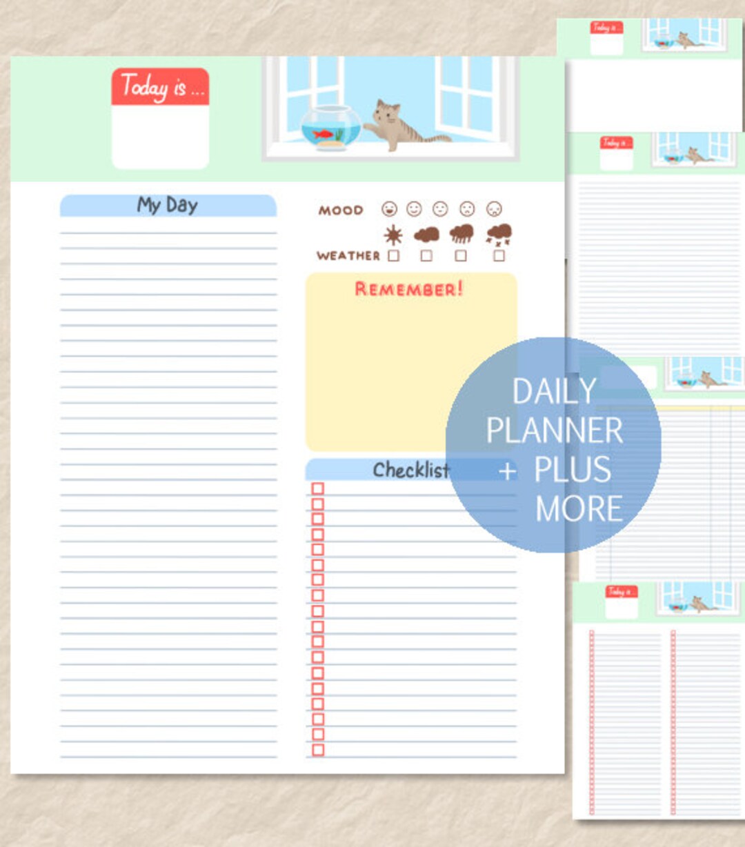 Printable Cute Cat Daily Planner, Cute Cat Goldfish Planner, Cate ...