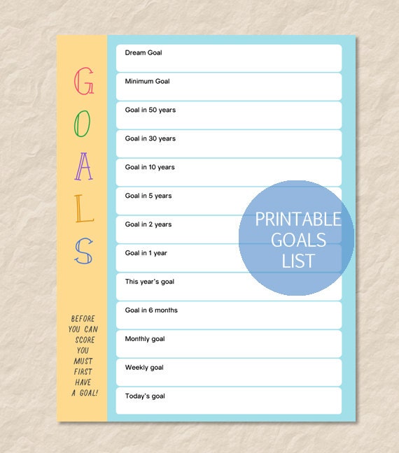 Printable Life Goals List Child s Goals List Life Etsy