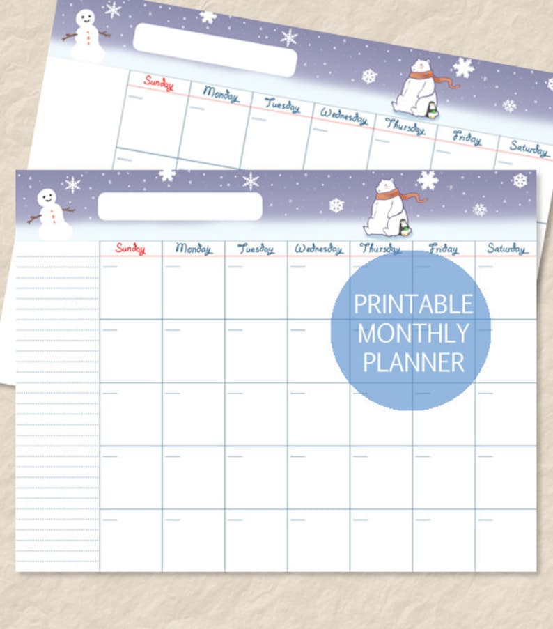 Printable Cute North Pole Undated Calendar, Snowy Polar Bear Calendar ...