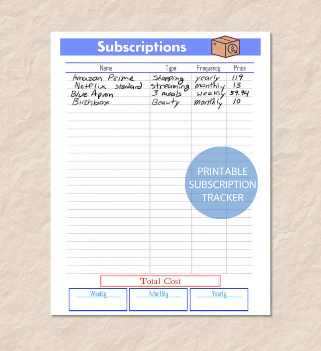 Printable Subscriptions Tracker, Printable Subscription List ...