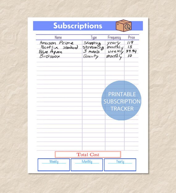 Printable Subscriptions Tracker Printable Subscription List - Etsy