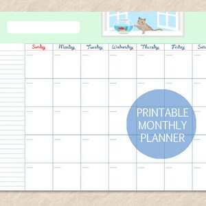 Printable Cat Undated Calendar, Cute Cat & Goldfish Monthly Planner ...