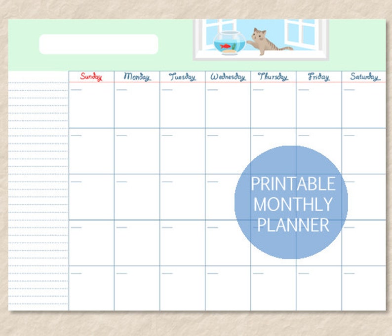 Printable Cat Undated Calendar, Cute Cat & Goldfish Monthly Planner ...