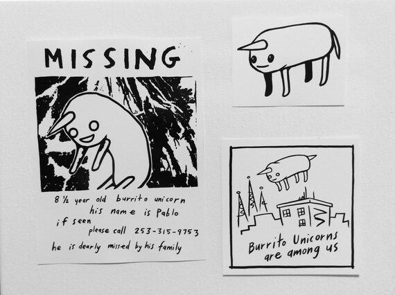 Pablo the Missing Burrito Unicorn stickers and Postcard | Etsy
