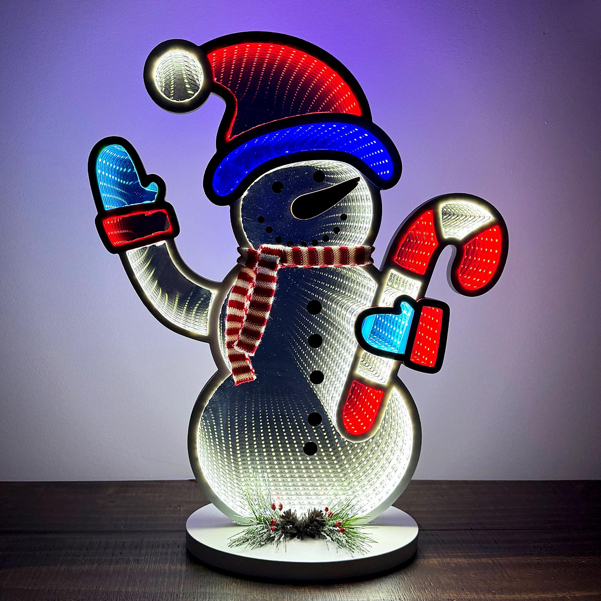 Snowman Infinity Mirror Light - Christmas Tree LED Decor, USB Powered ...