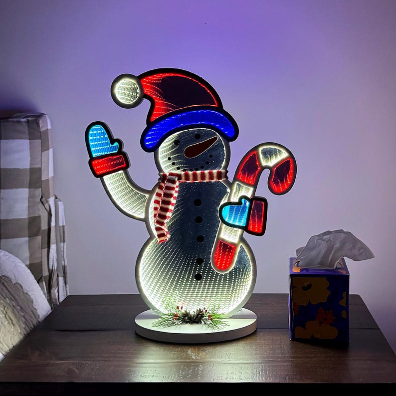 Snowman Infinity Mirror Light - Christmas Tree LED Decor, USB Powered ...