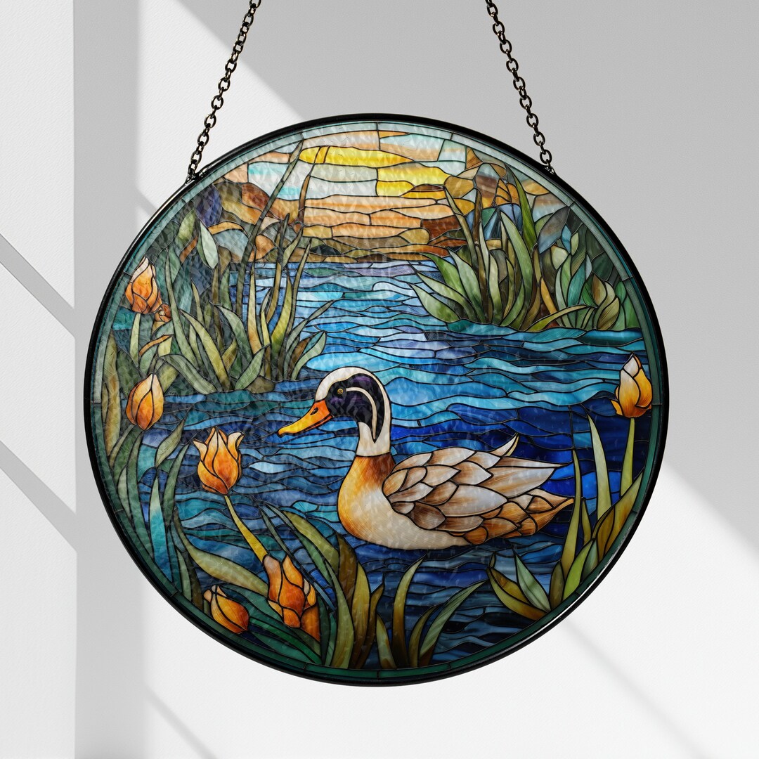 Duck in Pond Stained Glass Suncatcher, Swamp Scene, Handmade Wildlife ...