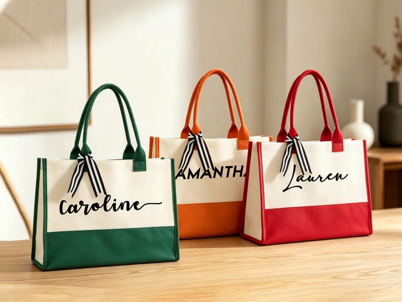 Preppy Personalized Beach Tote Bag, Custom Name Color Block Tote, Cute ...