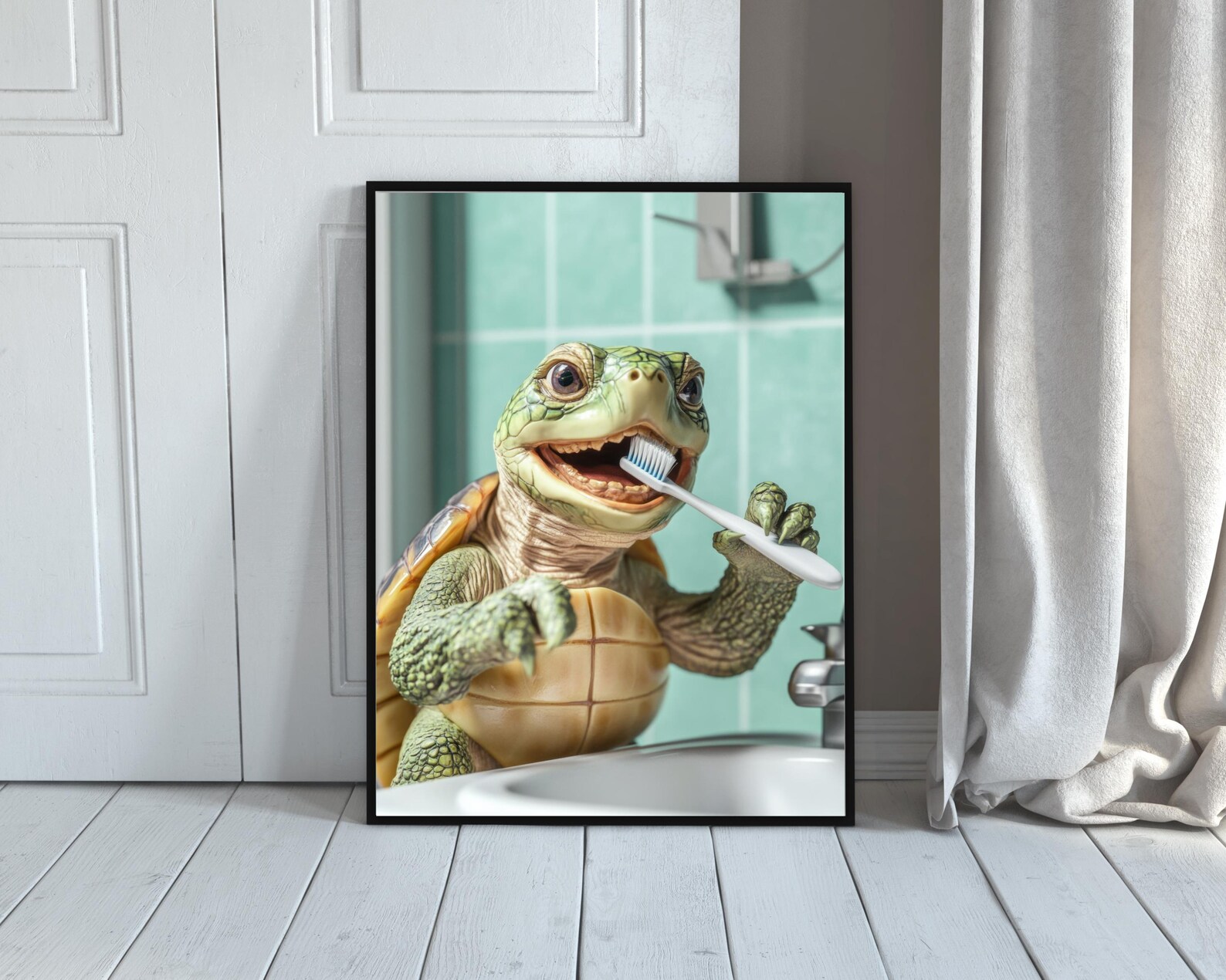 Funny Turtle Brushing Teeth Digital Wall Art L Printable Sea Animal ...