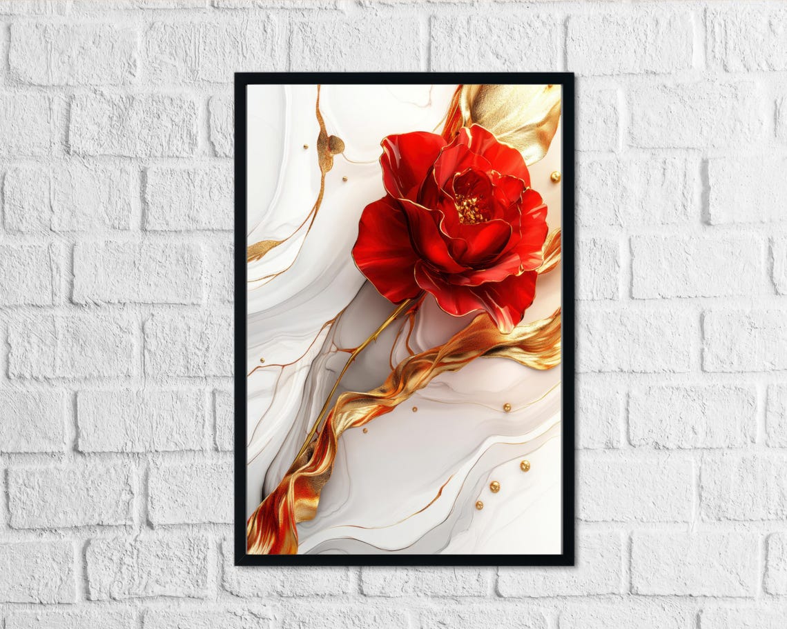 Luxury Red Rose Design Digital Wall Art L Printable 3D Beautiful Flower ...