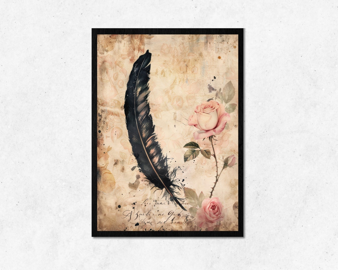 Vintage Black Feather With Rose Digital Wall Art L Printable Old ...