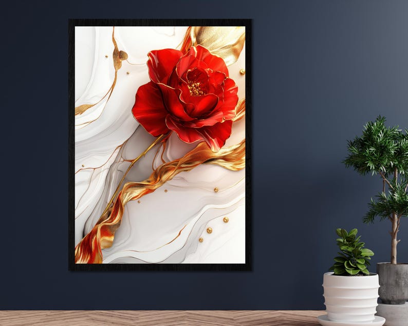 Luxury Red Rose Design Digital Wall Art L Printable 3D Beautiful Flower ...