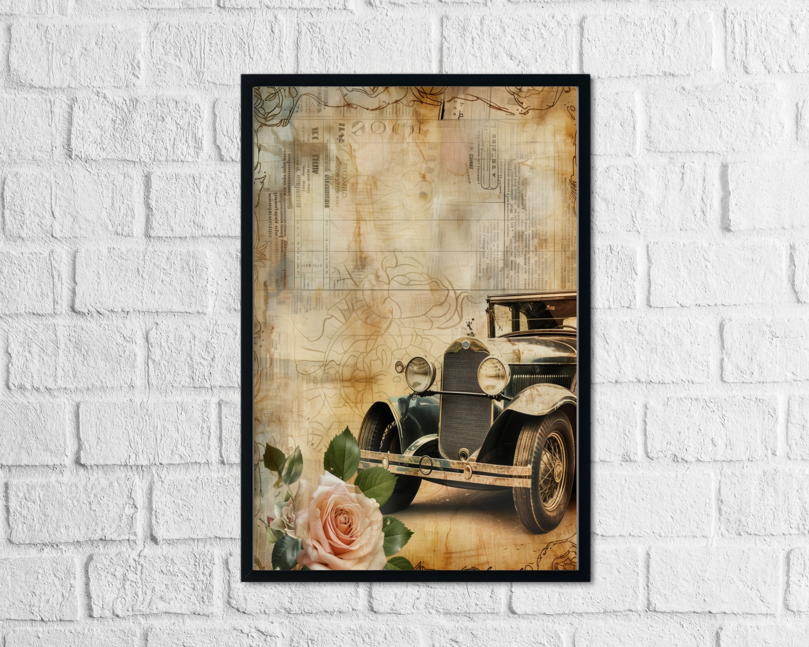 Vintage Romantic Women and Car Digital Wall Art L Printable Old Texture ...
