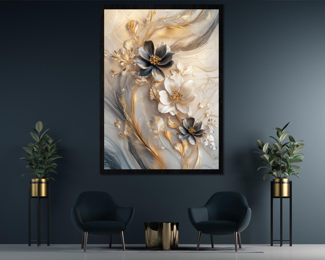 Luxury Flower Design Digital Wall Art L Printable 3D White Black Gold ...